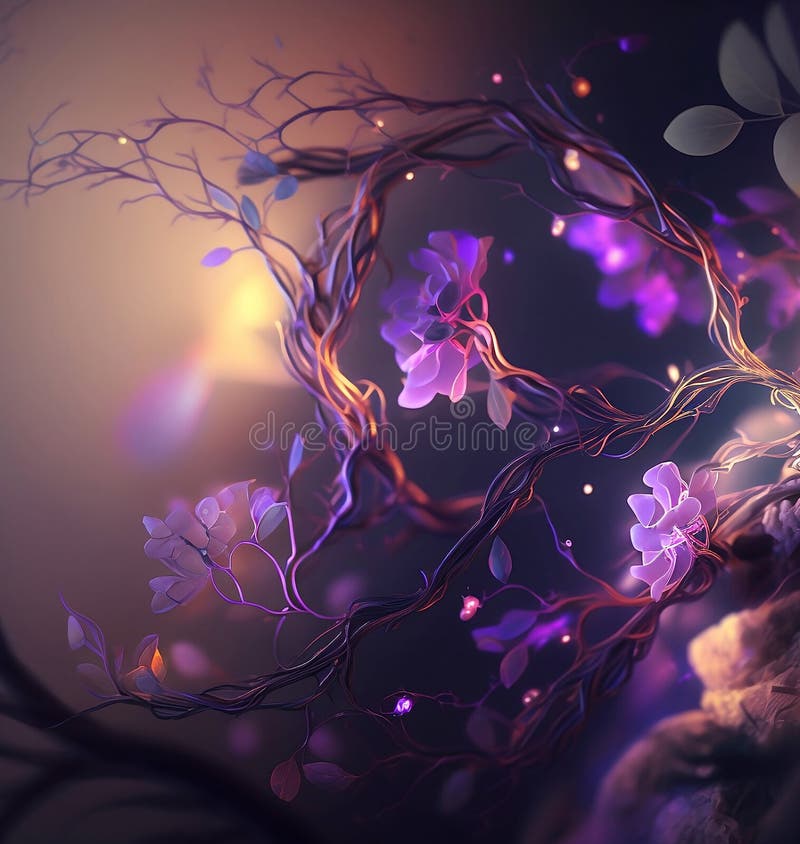 Fantasy Branches with Purple Flowers Stock Illustration - Illustration ...