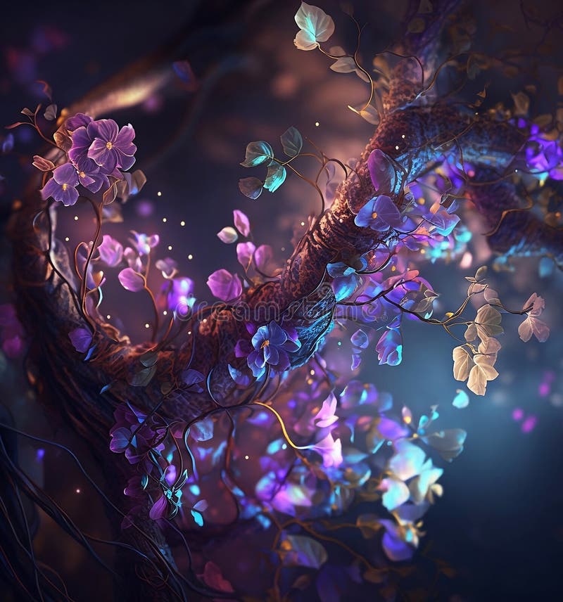 Fantasy Branches with Purple Flowers Stock Illustration - Illustration ...