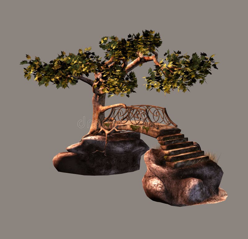 3D Fantasy Bridge with Stairs Tree and Rock Landscape Stock ...