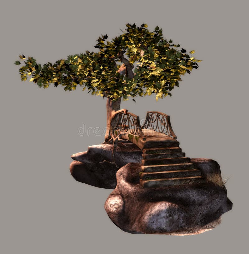 3D Fantasy Bridge with Stairs Tree and Rock Landscape Stock ...