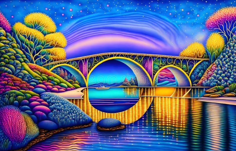 Fantasy Bridge in Blue Landscape - Generative AI Stock Illustration ...