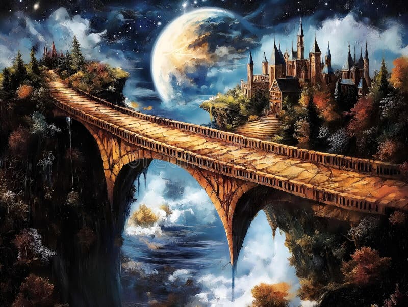 Fantasy Bridge, Castle, Celestial Bodies, Arched Structure, Clouds ...