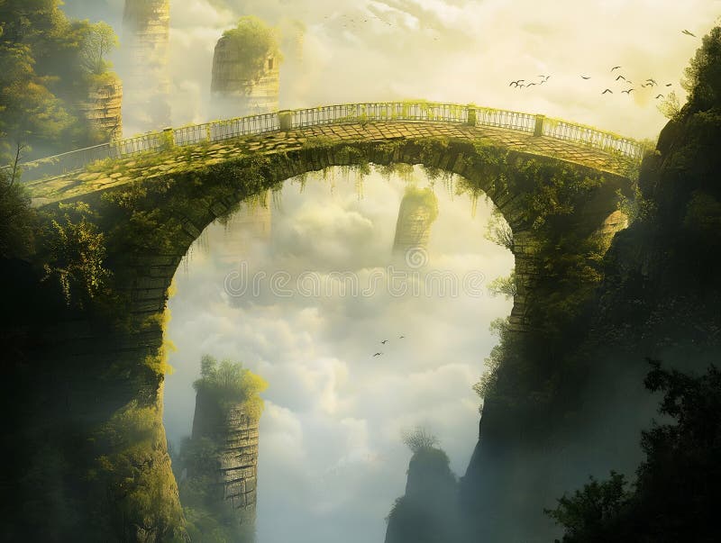 Fantasy Bridge, Lush Vegetation, Clouds, Mountains, Arched Structure ...