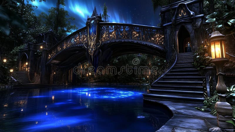 Fantasy Bridge Under Northern Lights Stock Illustration - Illustration ...