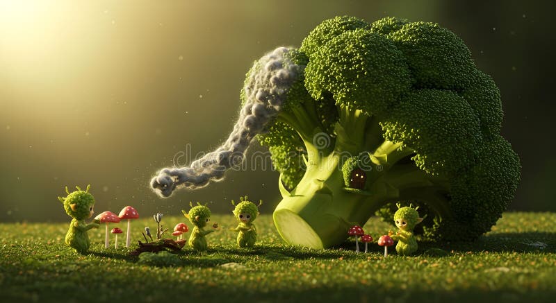 Fantasy Broccoli Village with Tiny Creatures Stock Illustration ...