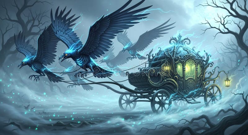 Fantasy Carriage Pulled by Glowing Ravens through a Dark Forest Scene ...