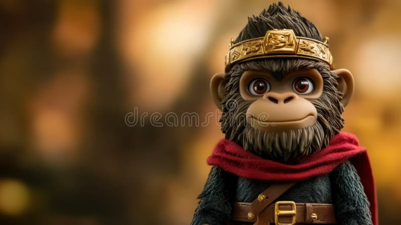 Fantasy Cartoon Monkey Prince with Crown and Red Cape in Forest Setting ...