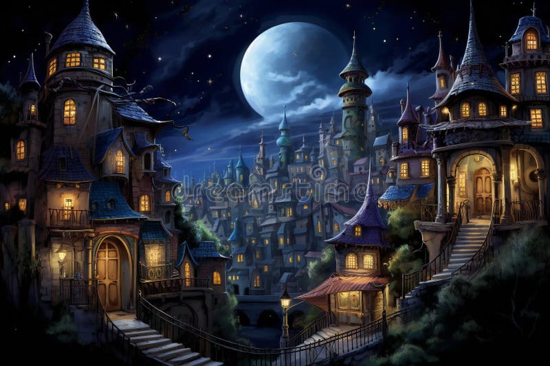 Fantasy Castle on the Background of the Full Moon, Illustration Stock Photo - Image of ...