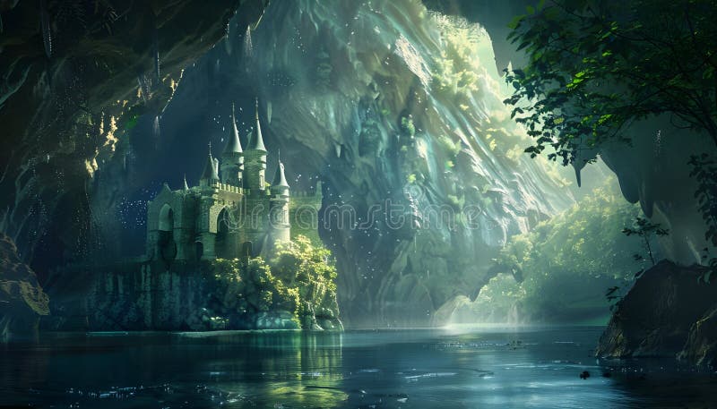 Fantasy castle in a cave stock illustration. Illustration of scenic ...