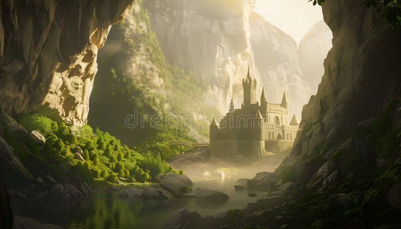 Fantasy castle in a cave stock illustration. Illustration of cliff ...
