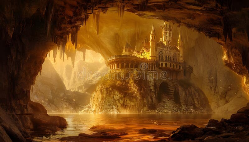 Fantasy castle in a cave stock illustration. Illustration of scenery ...
