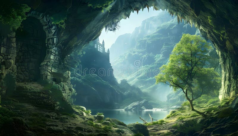 Fantasy castle in a cave stock illustration. Illustration of view ...