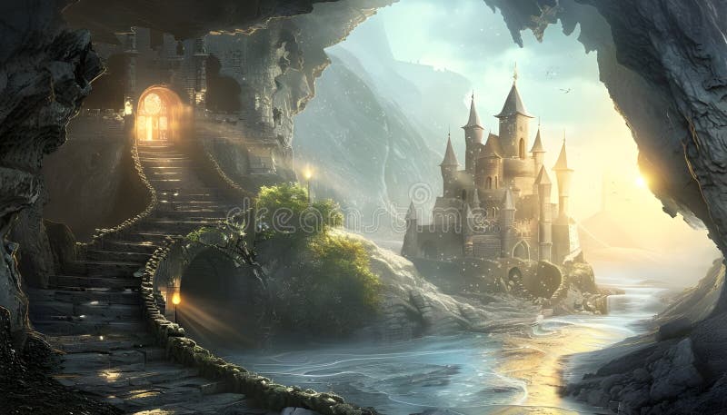 Fantasy castle in a cave stock illustration. Illustration of dark ...