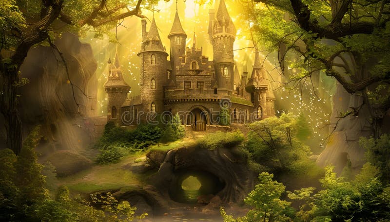 Fantasy castle in a cave stock illustration. Illustration of valley ...