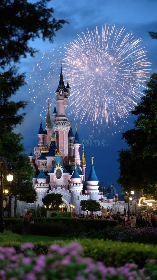 Fantasy Castle Celebration with Fireworks Display at Night Sky Amidst ...