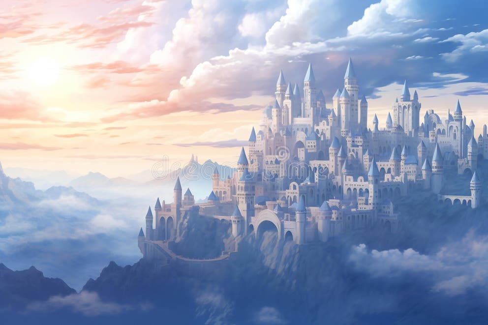Fantasy Castle in the Clouds Stock Illustration - Illustration of ...