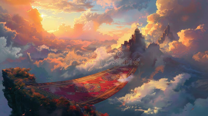 Fantasy Castle in the Clouds with a Magic Flying Carpet Stock Image ...
