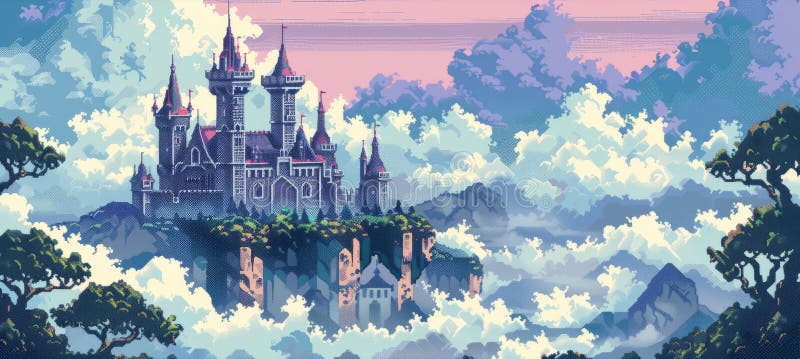 Fantasy Castle in the Clouds Pixel Art. Fairytale Kingdom Illustration ...