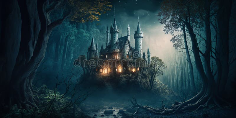 Fantasy Castle in Dark Forest Stock Illustration - Illustration of ...