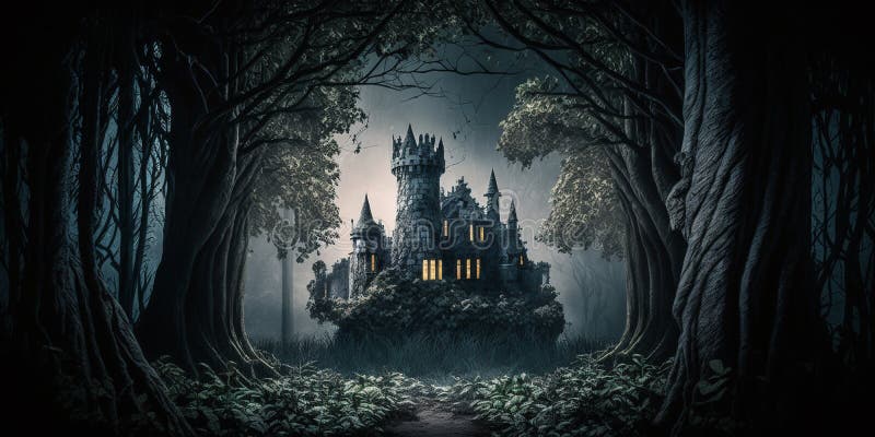 Fantasy Castle in Dark Forest Stock Illustration - Illustration of ...