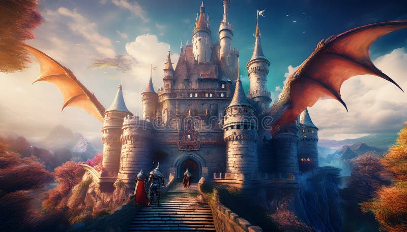 Fantasy Castle with a Dragon Stock Illustration - Illustration of ...