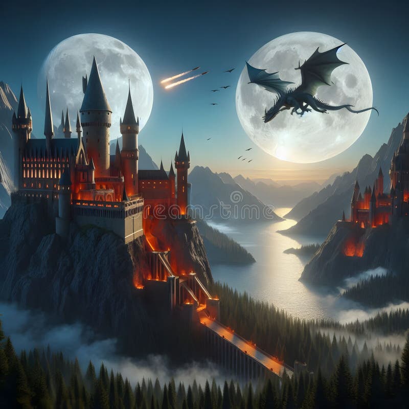 Fantasy Castle with Dragon Under Double Moons Stock Illustration ...