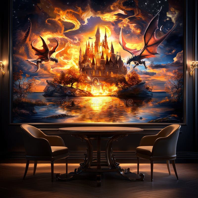 Fantasy Castle with Dragons and Sunset Sky Artwork in Dark Interior ...