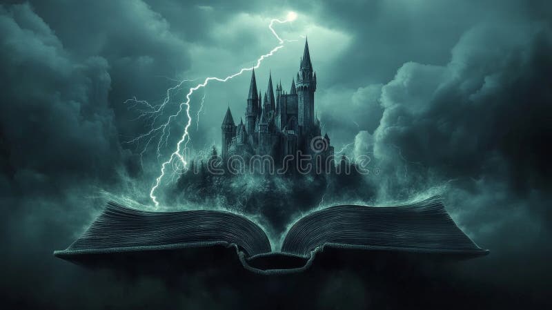 Fantasy Castle Emerging from Open Book with Lightning Stock Image ...