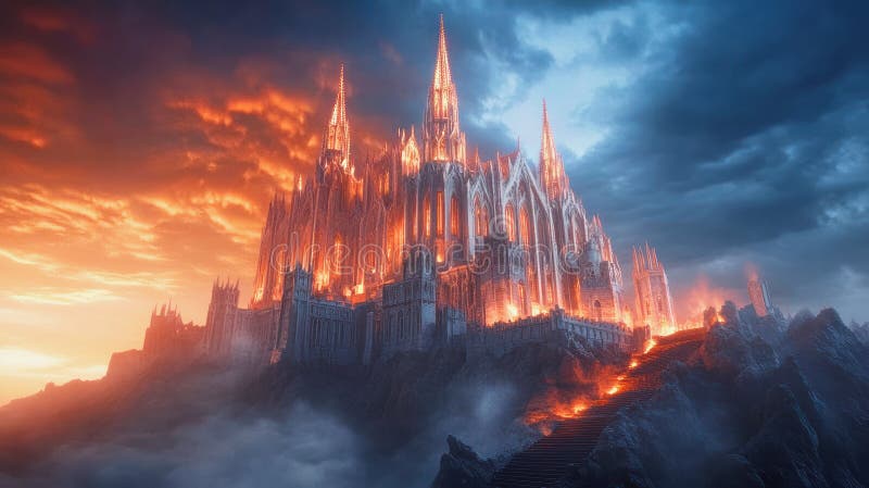 Fantasy Castle Engulfed in Roaring Flames Under a Dramatic Sky ...