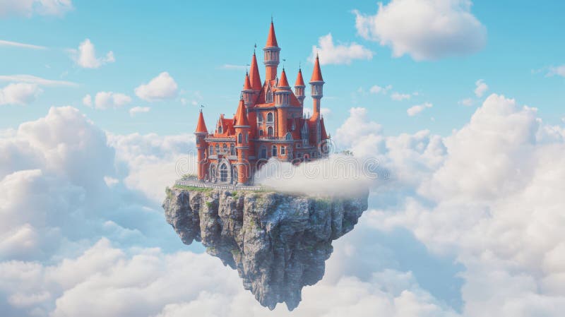 Fantasy Castle on a Floating Island with Clouds Stock Illustration ...