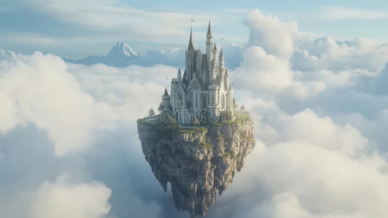 Fantasy Castle on a Floating Island with Clouds Stock Illustration ...