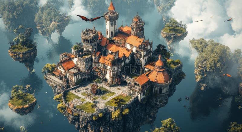 A Fantasy Castle on Floating Islands with Dragons and Waterfalls is ...