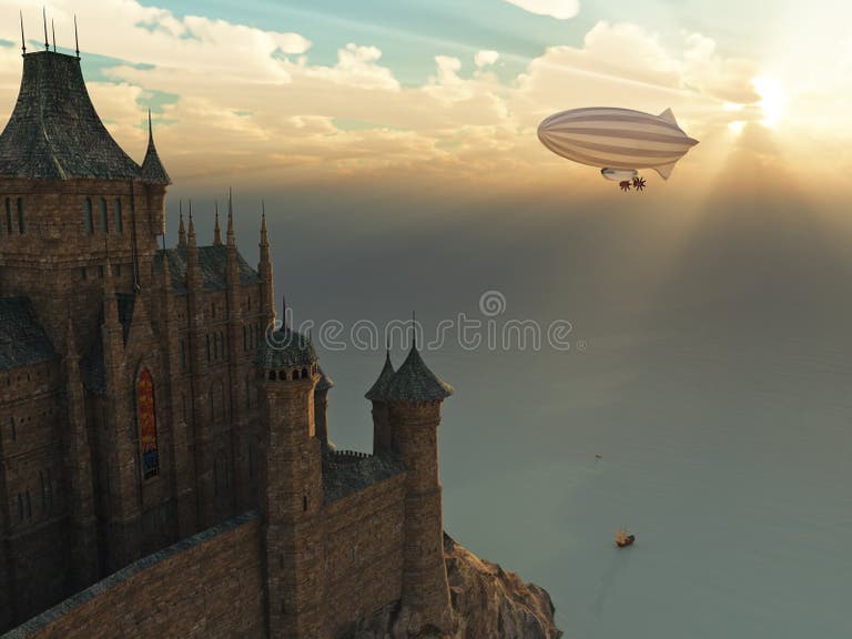 Fantasy Castle and Flying Zeppelin at Sunset Stock Illustration ...