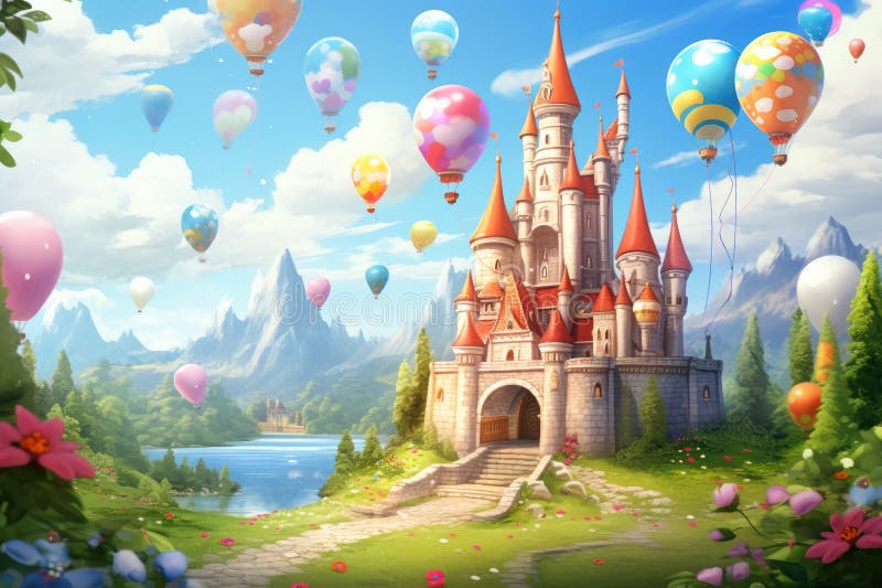 Fantasy Castle in the Forest with Flying Balloons. 3d Rendering, a ...