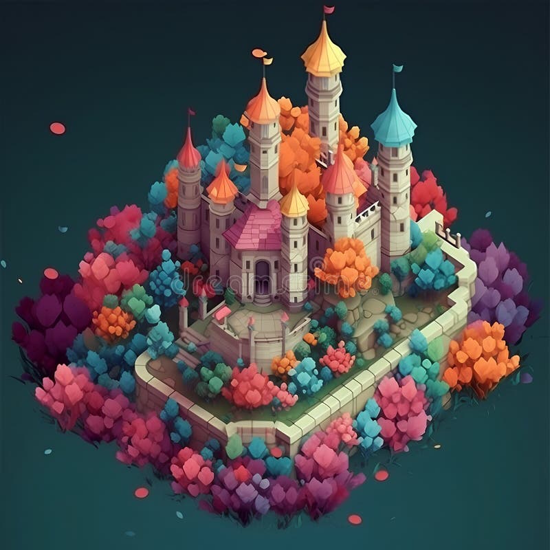 Fantasy Castle in the Garden. 3d Isometric Vector Illustration Stock ...