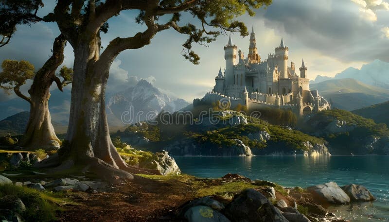 Fantasy Castle in a Gorgeous Landscape Stock Illustration ...