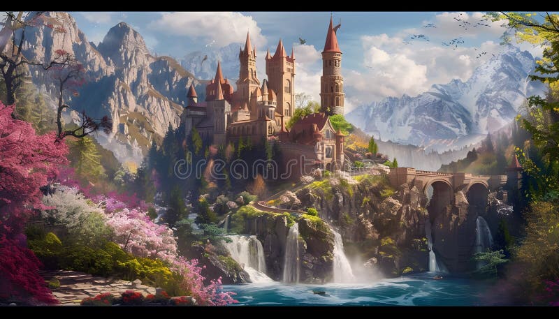 Fantasy Castle in a Gorgeous Landscape Stock Illustration ...