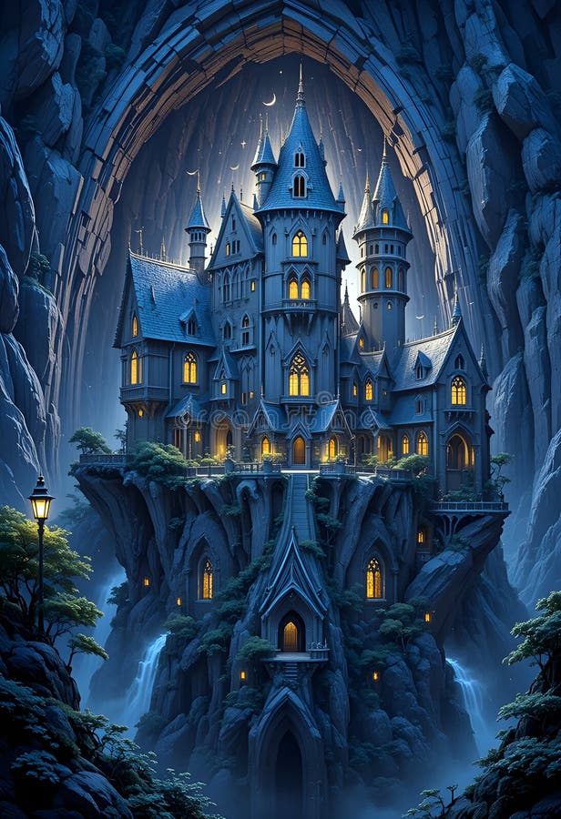 Fantasy Castle Hidden in Mountain Cave with Glowing Lights Stock ...