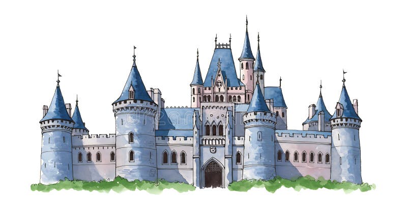 Fantasy Castle Illustration with Multiple Turrets and Blue Conical ...