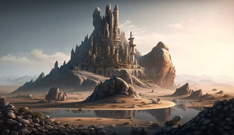 Fantasy Castle Imagination on Desert Background Stock Illustration ...