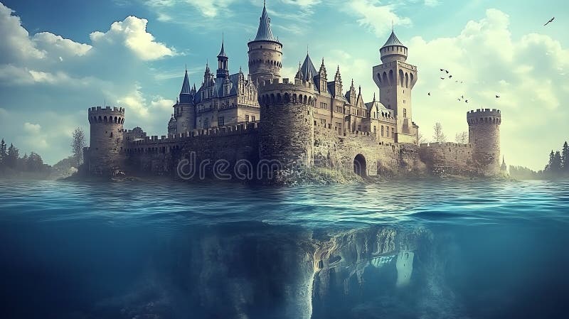 Fantasy Castle on a Lake with Reflection and Dramatic Sky Stock ...