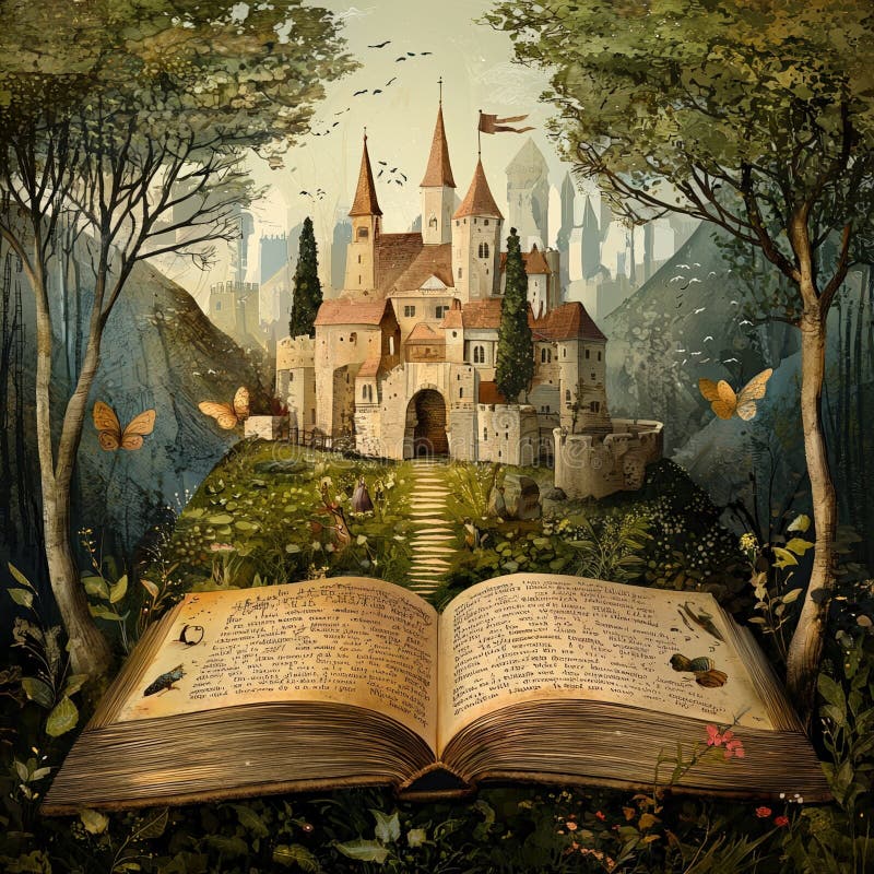 Fantasy Castle with Magical Open Book Stock Illustration - Illustration ...