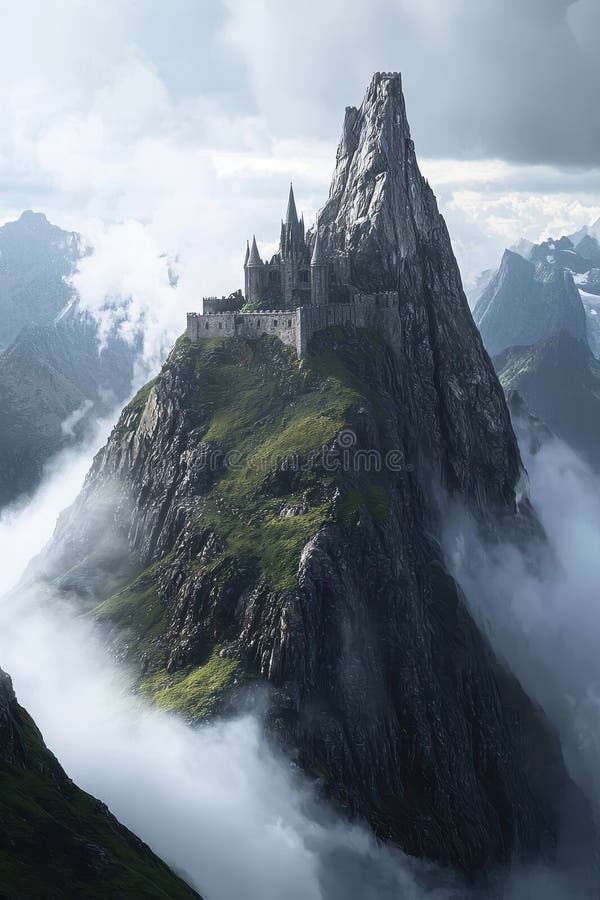 Fantasy Castle on Mountain Peak in Dramatic Landscape Stock Illustration - Illustration of ...