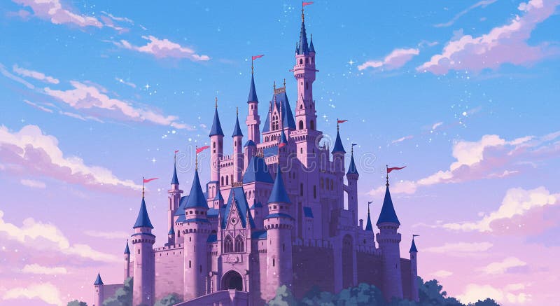 Fantasy Castle with Multiple Tall Spires Topped with Blue Conical Roofs ...