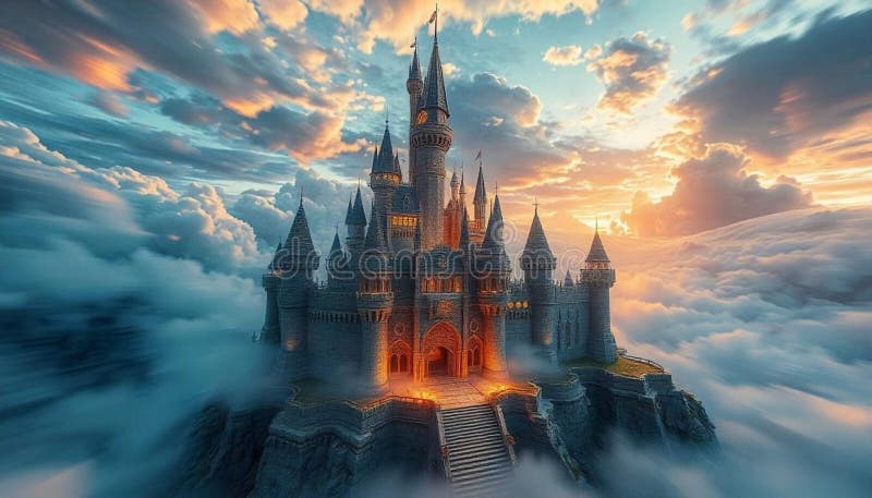 A Fantasy Castle with Multiple Towers and Spires Surrounded by Clouds ...
