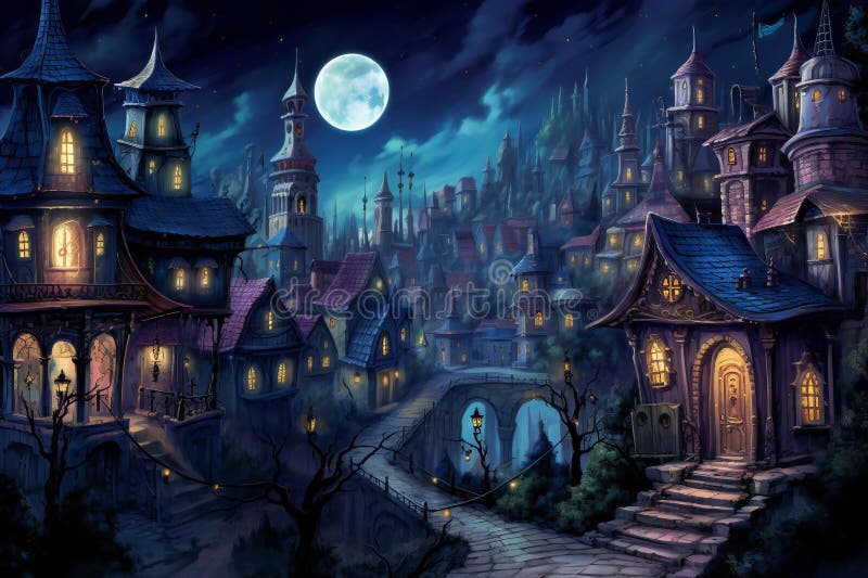 Fantasy Castle in the Night with Full Moon, Fantasy Illustration Stock ...