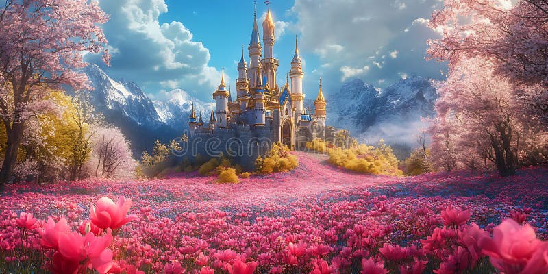 Fantasy Castle in Pink Flower Field Magical Art Stock Illustration ...