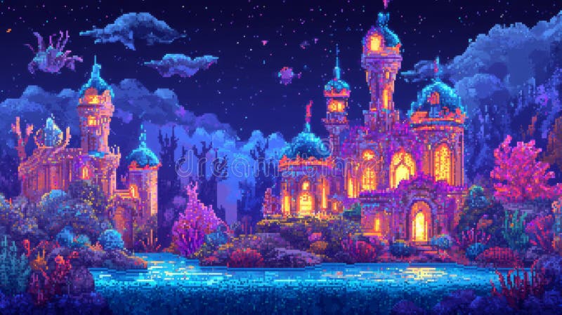 Fantasy Castle Pixel Art at Night with Glowing Trees and Water ...