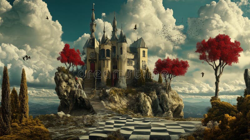 Fantasy Castle on a Rock in Surreal Landscape Stock Photo - Image of ...