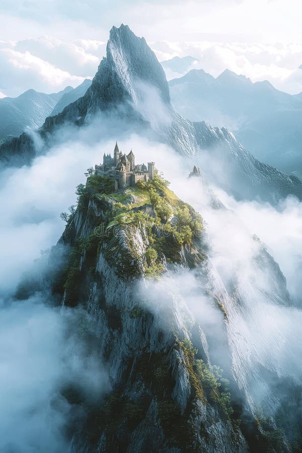Fantasy Castle Scene on Mount with Dramatic Clouds Stock Illustration ...